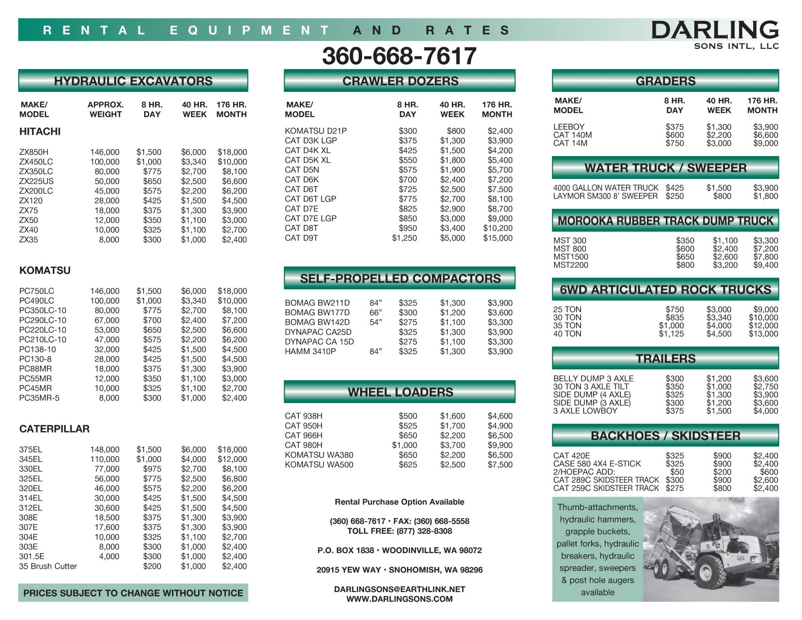 Rental Equipment & Rates – Darling Sons Intl