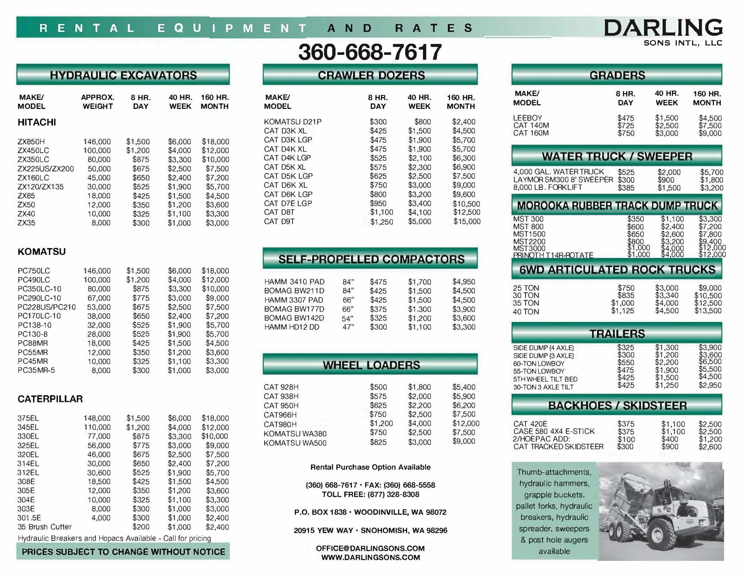 Rental Equipment & Rates – Darling Sons Intl